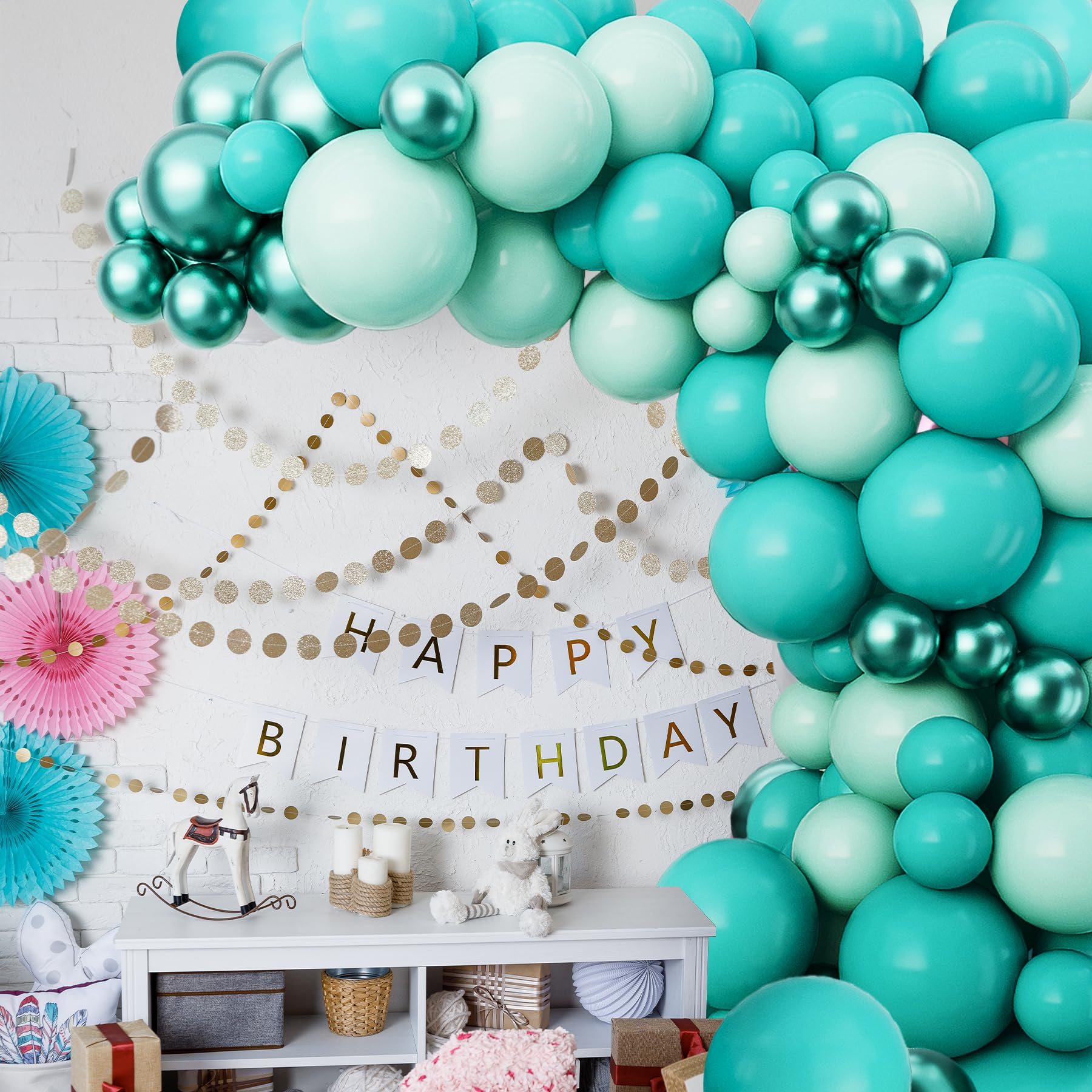 Teal Balloon Arch Garland Kit-Macaron Teal Balloon Latex Metallic Green Balloon 132Pcs for Baby Shower,Gender Reveal，Kids Birthday，Wedding,Graduation,New Years Decoration.