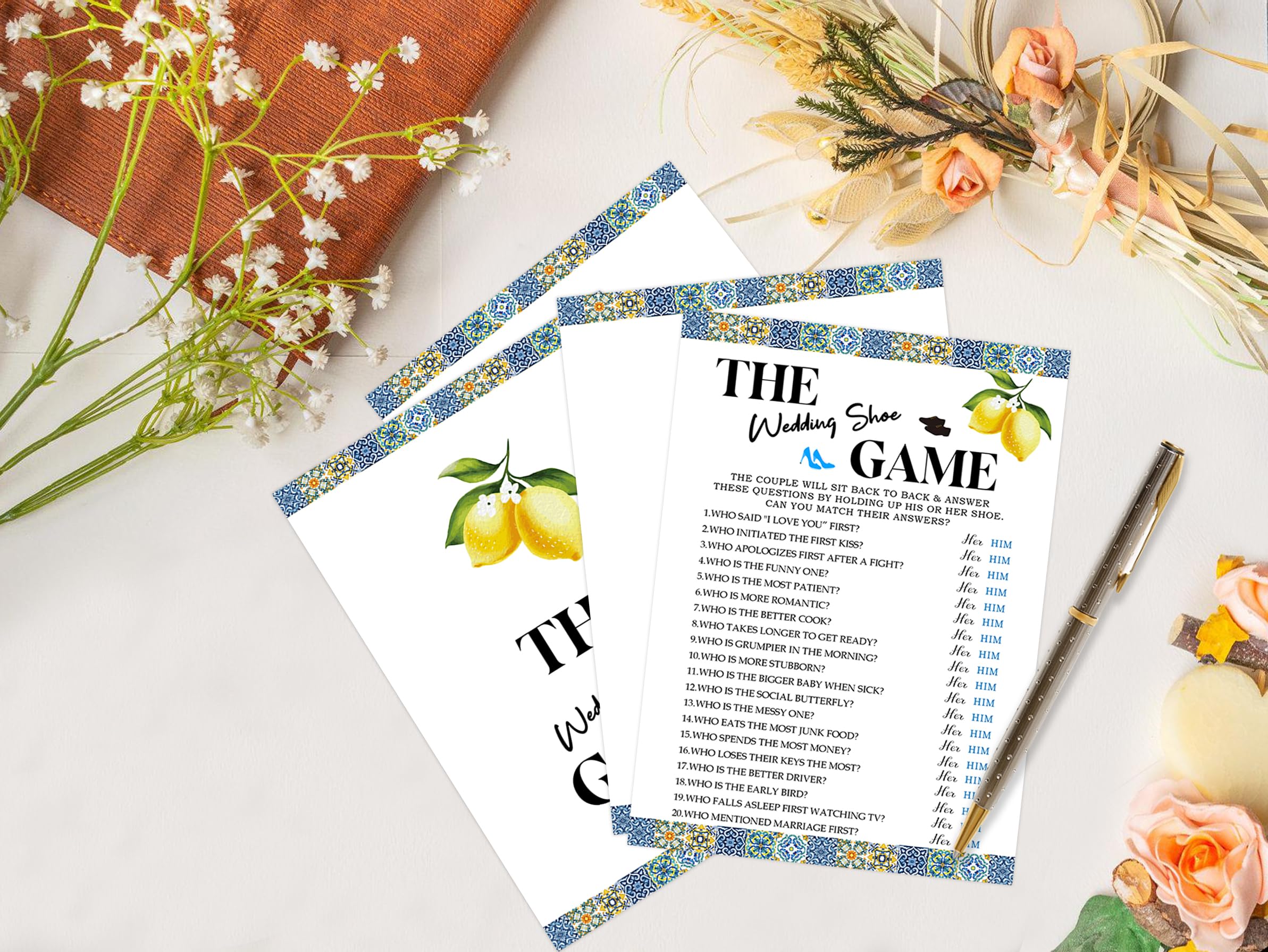 Blue Tiles and Lemons The Wedding Shoe Game for 30 Guests with Game Cards, Lemons Bridal Shower Game, Modern Bridal Shower Decorations, Wedding Shower or Bachelorette Party Supplies - 02