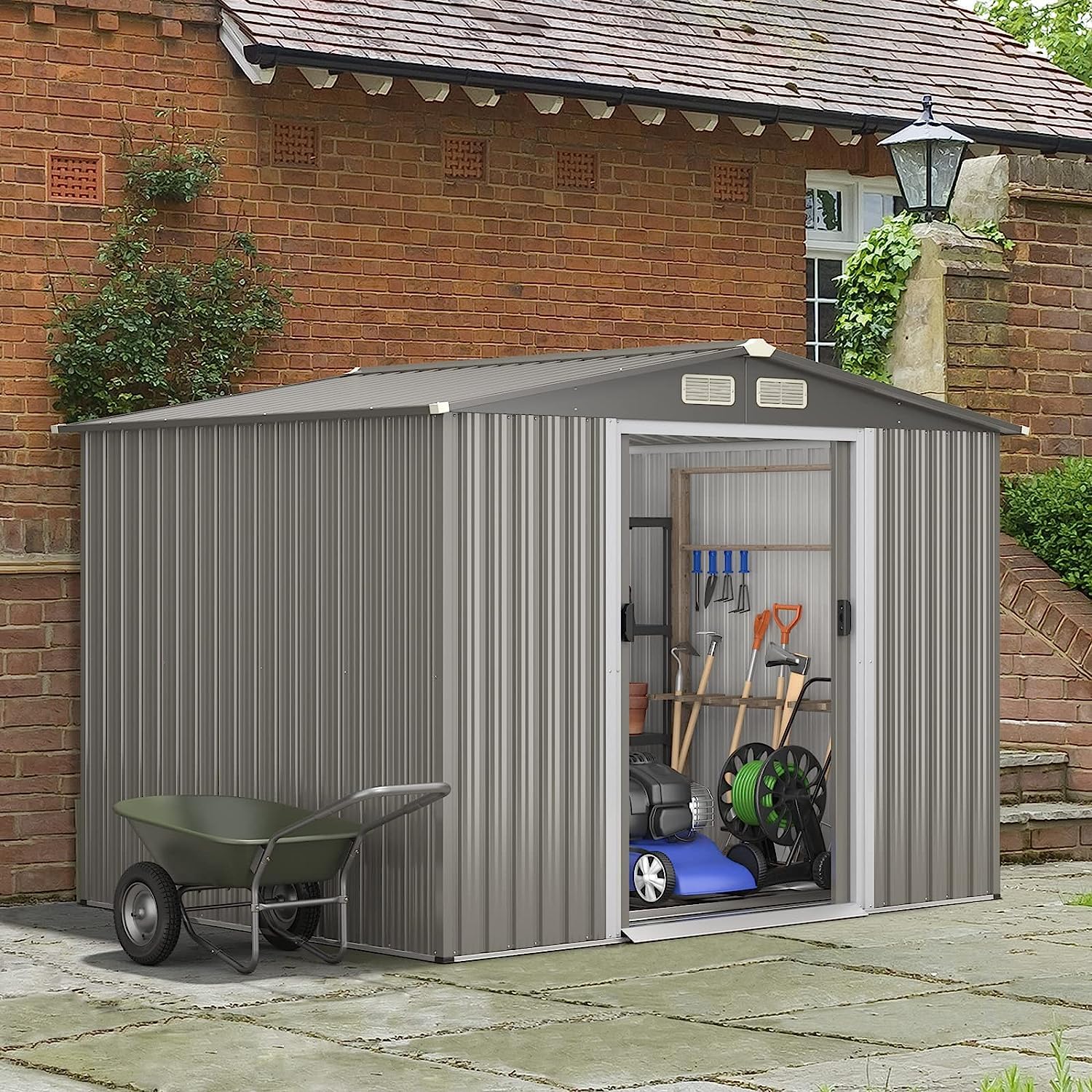 Goplus 8.5’ x 6.8’ x 6’ Outdoor Storage Shed, Weather-Resistant Utility Storage House w/Foundation, 4 Air Vents, Double Doors & Ramp, Galvanized Steel Tool Shed for Garden, Lawn, Patio, Yard