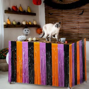 6 Pack 30x108 Inch Halloween Table Skirt Decoration, Metallic Foil Fringe Tinsel Table Skirts, Curtains Backdrop Parade Floats Birthday Halloween Christmas Party Decoration(Black Orange Purple)