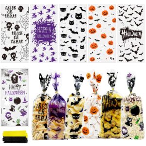 aouetnay 120 pcs halloween cellophane treat bags candy bags halloween goodie bags with tags twist ties for goodie cookie candy halloween party favor supplies, 6 styles