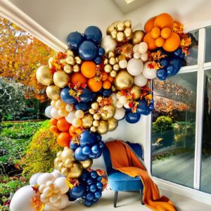 Fall Balloon Garland kit 140pcs double stuffed Burnt Orange Cream peach Gold Navy blue balloons for Autumn Boho Baby Shower Bridal Shower fall in love engagement party decorations