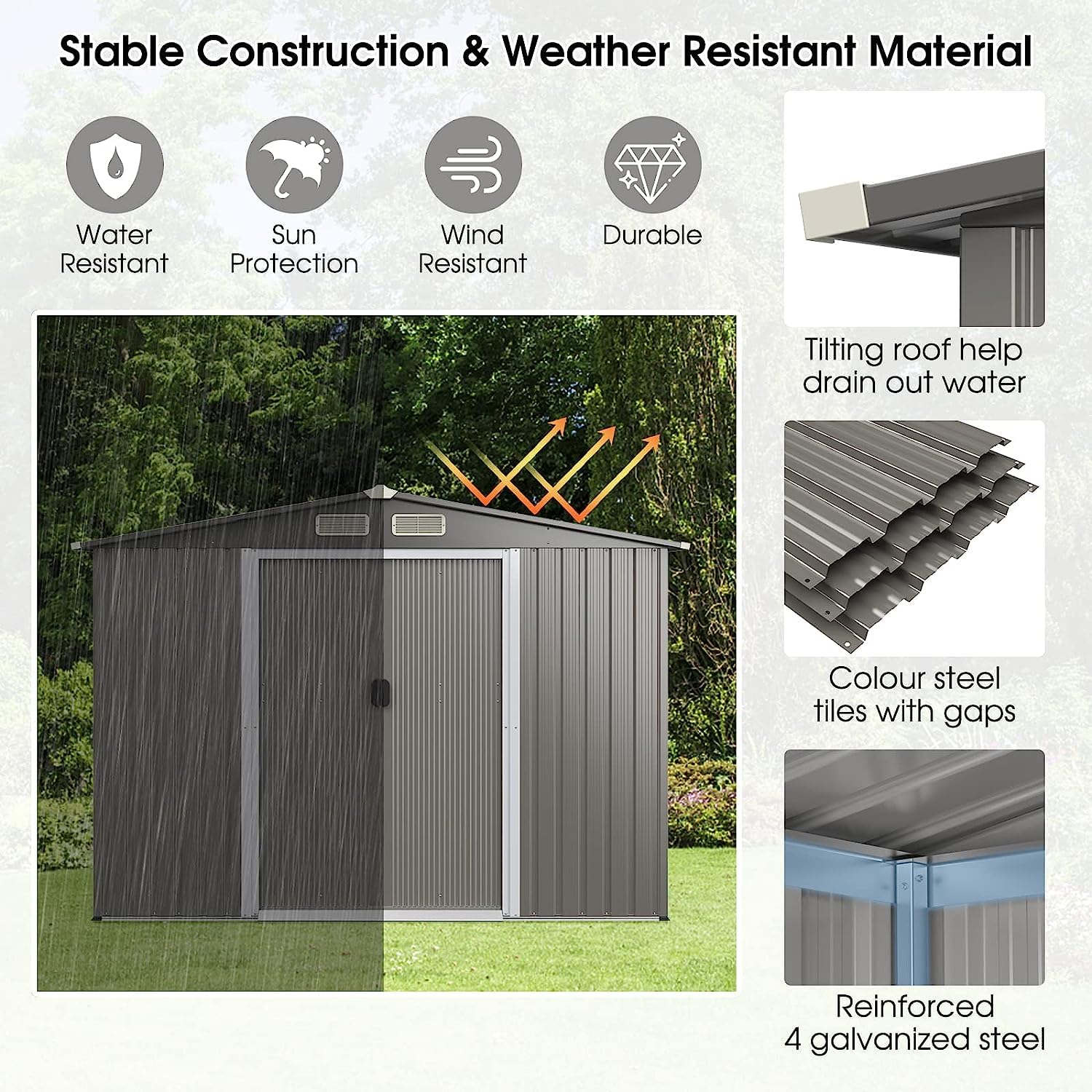 Goplus 8.5’ x 6.8’ x 6’ Outdoor Storage Shed, Weather-Resistant Utility Storage House w/Foundation, 4 Air Vents, Double Doors & Ramp, Galvanized Steel Tool Shed for Garden, Lawn, Patio, Yard