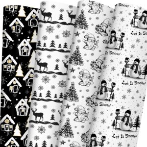 saringswoon black white christmas wrapping paper for kids - holiday gift wrap with gnome, reindeer, snowman, farmhouse, xmas tree winter designs - 40×28 inches, 6 folded jumbo sheets