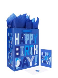 13" large blue gift bags set with greeting card and tissue papers (blue happy birthday) for men's birthday party,kids' parties, baby shower, or baby boy - 13”x10.2”x5.2”, 1 pcs