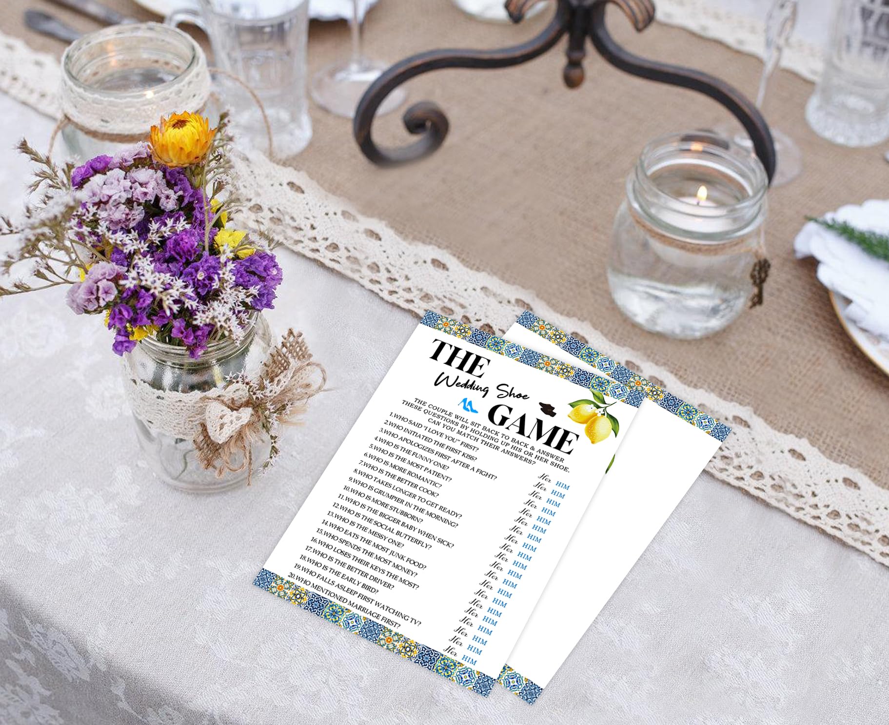 Blue Tiles and Lemons The Wedding Shoe Game for 30 Guests with Game Cards, Lemons Bridal Shower Game, Modern Bridal Shower Decorations, Wedding Shower or Bachelorette Party Supplies - 02