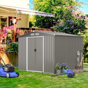 goplus 8.5’ x 6.8’ x 6’ outdoor storage shed, weather-resistant utility storage house w/foundation, 4 air vents, double doors & ramp, galvanized steel tool shed for garden, lawn, patio, yard