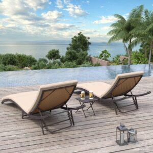 ALAULM Pool Lounge Chairs Outdoor Adjustable Chaise Lounge Chairs w/Sponge Cushion,2 Foldable & Portable Chairs and 1 Table for Poolside Patio Courtyard Seaside,Sand