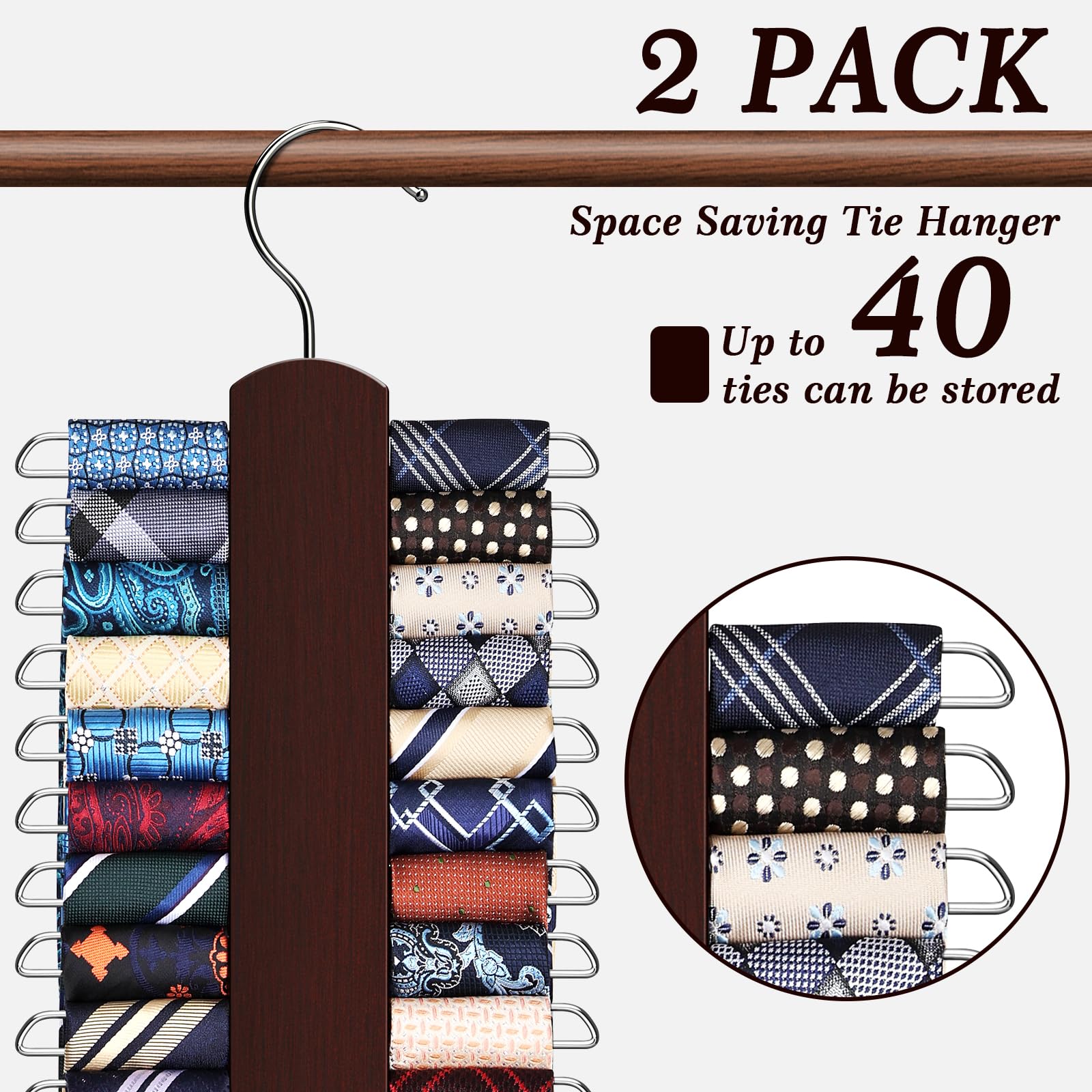 2 Pack Tie Rack for Closet, Premium Wooden Necktie Organizer Storage Tie/Belt Hanger, 360 Degree Swivel Space Saving Ties Holder for Men Hanging 40 Ties, Scarves Red