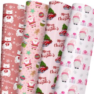 saringswoon pink christmas wrapping paper for boys girls kids - xmas gift wrap with santa, gnome, rustic red trucks, polar bear on pink designs - 40×28 inches, 6 folded sheets