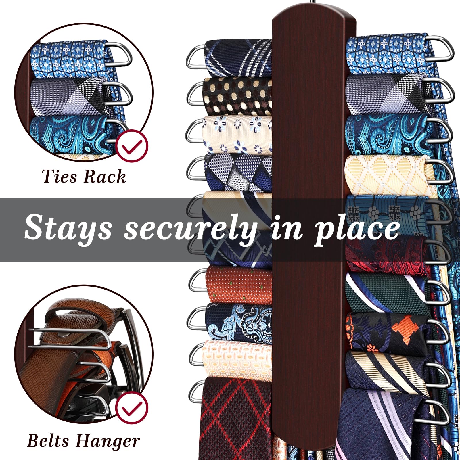 2 Pack Tie Rack for Closet, Premium Wooden Necktie Organizer Storage Tie/Belt Hanger, 360 Degree Swivel Space Saving Ties Holder for Men Hanging 40 Ties, Scarves Red