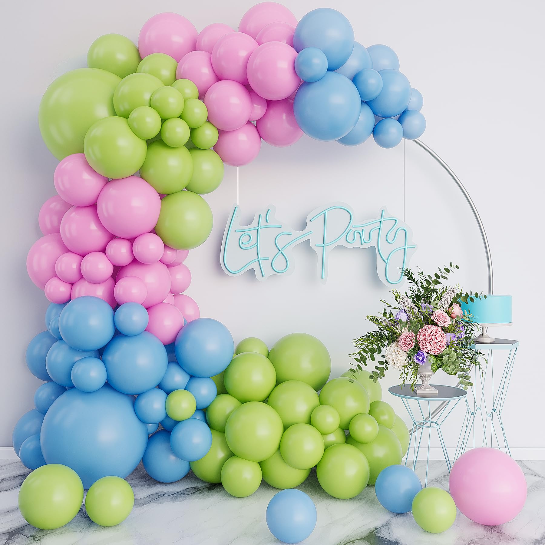 Blue and Pink Balloon Arch Garland Kit-Lime Green Balloon Latex Light Blue Balloon 132Pcs for Birthday,Graduation,Picnic,Baby Shower,Christmas Party Decoration.