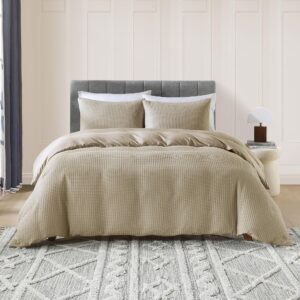 Rosecret Cotton Waffle Duvet Cover Queen, Blend Viscose Derived from Bamboo, Soft Breathable Comforter Cover with Pillow Shams for All Seasons, Khaki