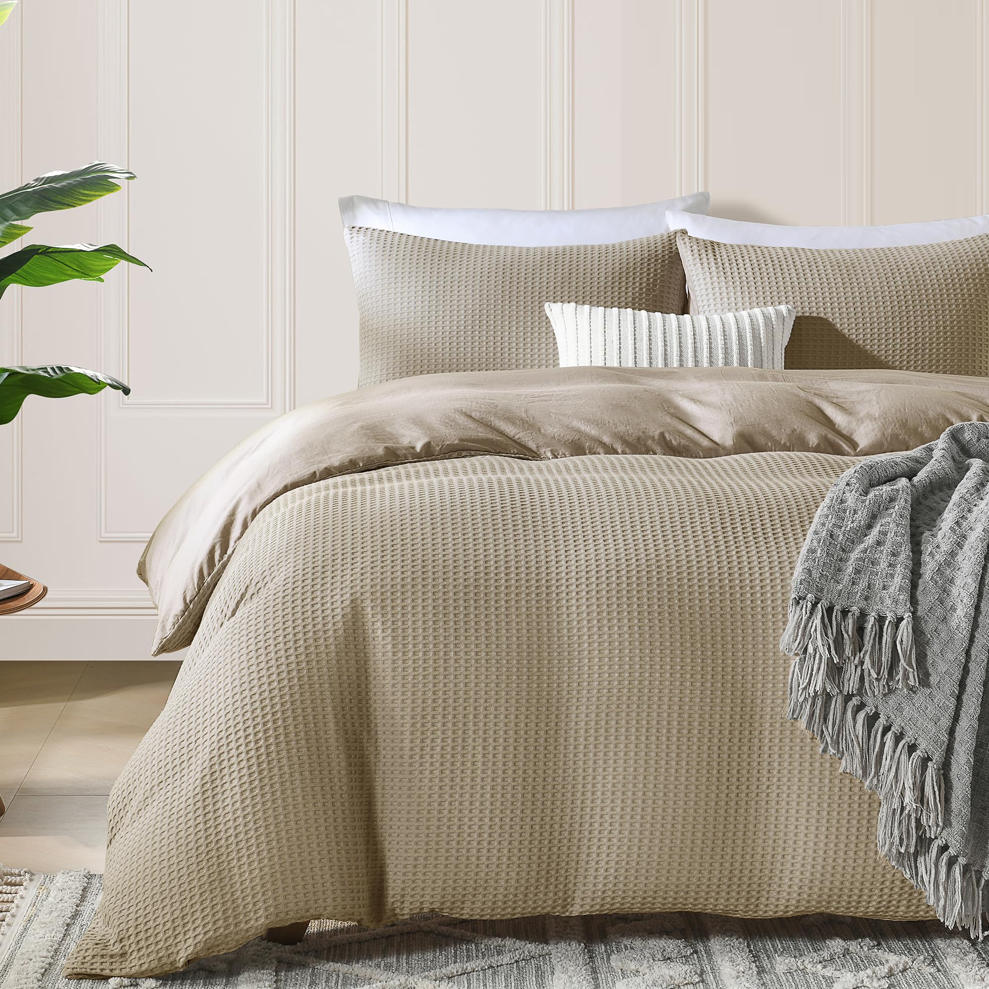 Rosecret Cotton Waffle Duvet Cover Queen, Blend Viscose Derived from Bamboo, Soft Breathable Comforter Cover with Pillow Shams for All Seasons, Khaki