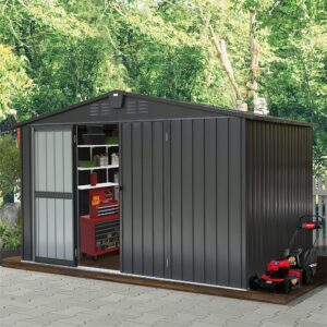 ritsu outdoor storage shed, outdoor garden shed for bike, trash can, machine, galvanized steel, outdoor shed with lockable door for backyard, patio, lawn (10'x 8', black)