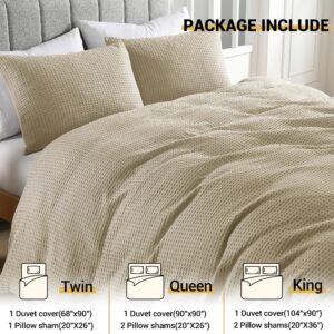 Rosecret Cotton Waffle Duvet Cover Queen, Blend Viscose Derived from Bamboo, Soft Breathable Comforter Cover with Pillow Shams for All Seasons, Khaki