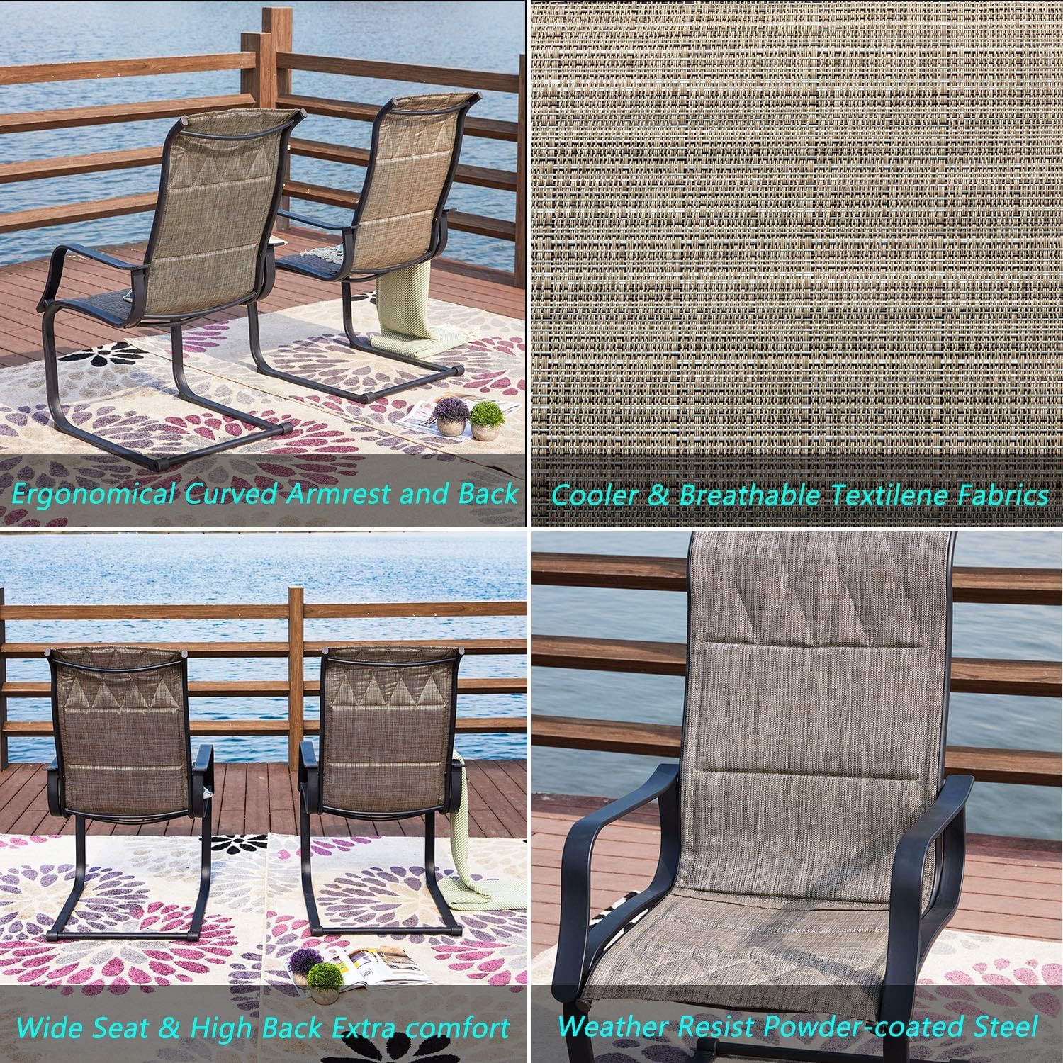 Festival Depot 2 Pieces Patio Chairs Spring Motion Textilene Weather Resistant Metal Outdoor Furniture for Lawn Garden Balcony Pool Backyard