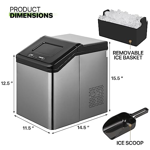 Magshion Dual-Size Countertop Ice Machine, Portable Self-Cleaning Ice Maker Machine, Creates 32 Square Cubes in 20 Mins, Makes up to 33 lb. in 24 Hours, Stainless-Steel