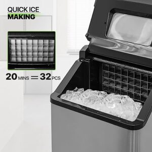 Magshion Dual-Size Countertop Ice Machine, Portable Self-Cleaning Ice Maker Machine, Creates 32 Square Cubes in 20 Mins, Makes up to 33 lb. in 24 Hours, Stainless-Steel