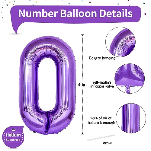 Purple Number Balloons, 40 Inch Foil Large Balloons, Helium Self Inflating Number Balloon for Girls Women 10th 20th Birthday Party Bridal Shower Anniversary Ceremony Party Decoration Supplies