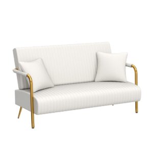 Wrofly 59" Small Loveseat Sofa, Modern 2 Seater Sofa Couch, Upholstered Love Seat Couch with 2 Pillows, Gold Metal Legs, Perfect for Living Room, Bedroom, Small Space, Beige White Velvet