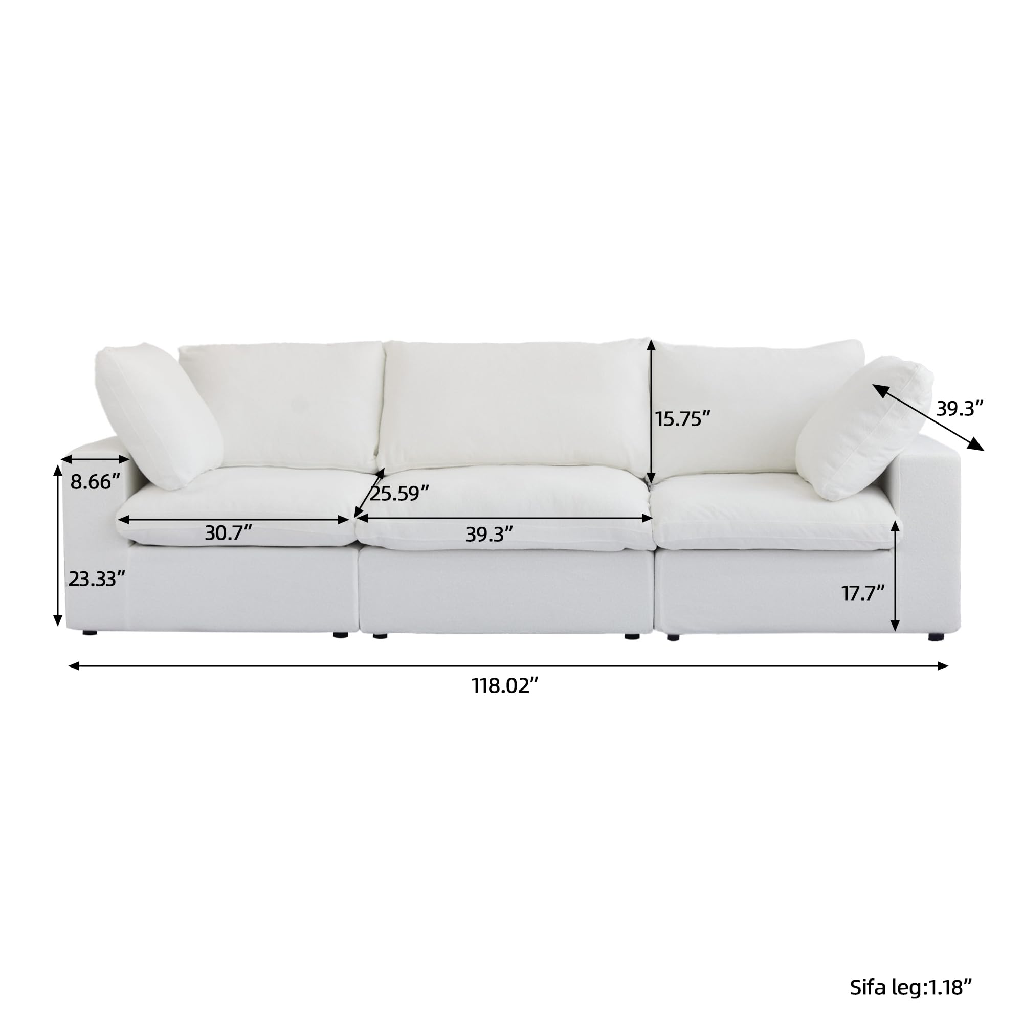 Sdorens Modern Modular Sectional Sofa 3 Seat, Cushion Covers Removable, 118" Minimalist Sofa Couch for Living Room Office Apartment, White