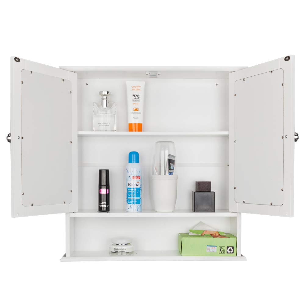 White Bathroom Cabinet - Medicine Cabinet with Mirror - Wall Mounted Bathroom Storage Cabinet - Bathroom Wall Cabinet - Over The Toilet Storage Cabinet - 2 Door Adjustable Shelf and Bottom Fix Shelves