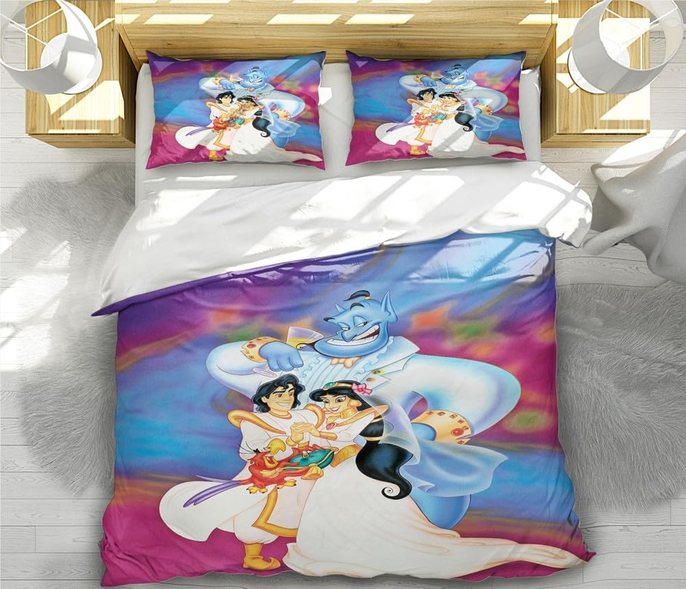 PONNYC Magic Lamp Jasmine Princess Duvet Cover Soft 3D Printed Bedding Set with Comforter Cover 3 Piece Set Includes 2 Pillowcases and 1 Duvet Cover Machine Washable (02,Full (79"x90"))