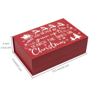 WRAPAHOLIC 1 Pcs Christmas Gift Box with Lid - 13.3 x 9 x 4 Inches Red & White Sled and Reindeer Design Gift Box, Collapsible Gift Box with Magnetic Closure and 2 Pcs Tissue Paper