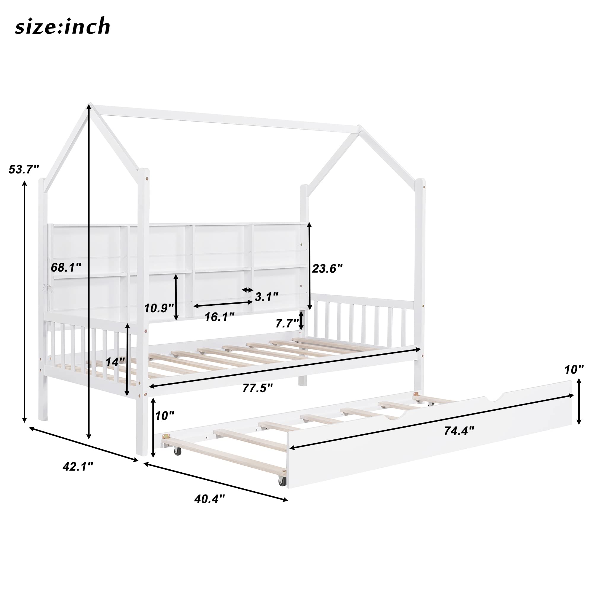 Twin House Bed with Twin Size Trundle,Twin Size Platform Bed Frame with Storage Shelves and Roof,Montessori Bed,Tent Bed,Wood Playhouse Bed Twin for Kids Teens Girls & Boys (Twin, White)