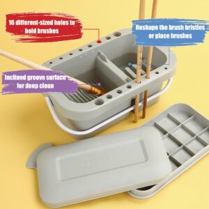 ZLY Paint Brush Cleaner,Paint Brush Basin with 10 PCS Paint Brushes,Paint Brush Holder and Organizers with Palette for Acrylic, for Watercolor and Water Based Paints (Gery)