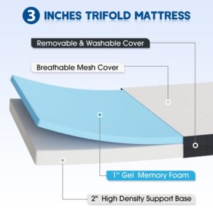 Capacmkseh 3/4 inch Tri Fold Folding Mattress with Cover, Cooling Gel Memory Foam Mattress for a Cool Sleep & Pressure Relief, Medium Firm Mattress Pad Mattresses, Bed in a Box, CertiPUR-US Certified