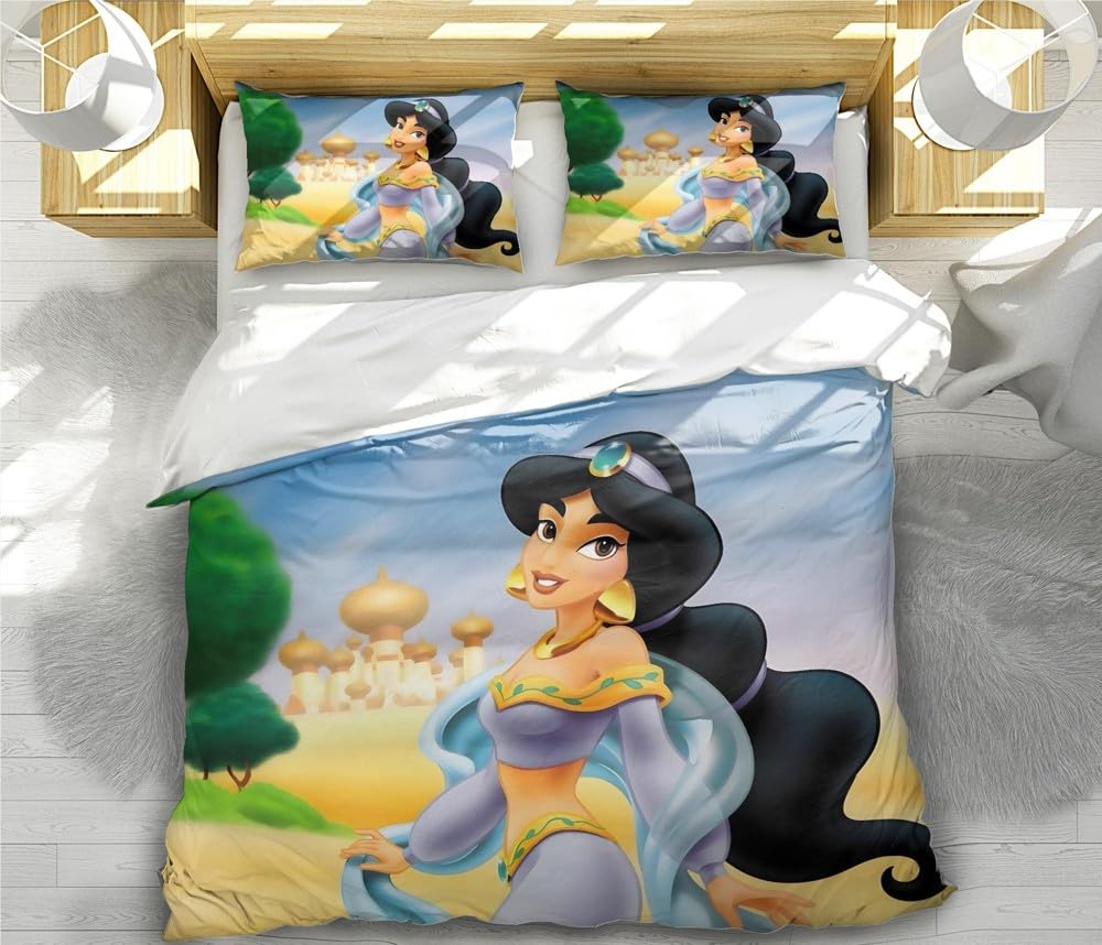 PONNYC Magic Lamp Jasmine Princess Duvet Cover Soft 3D Printed Bedding Set with Comforter Cover 3 Piece Set Includes 2 Pillowcases and 1 Duvet Cover Machine Washable (11,Twin (68"x86"))