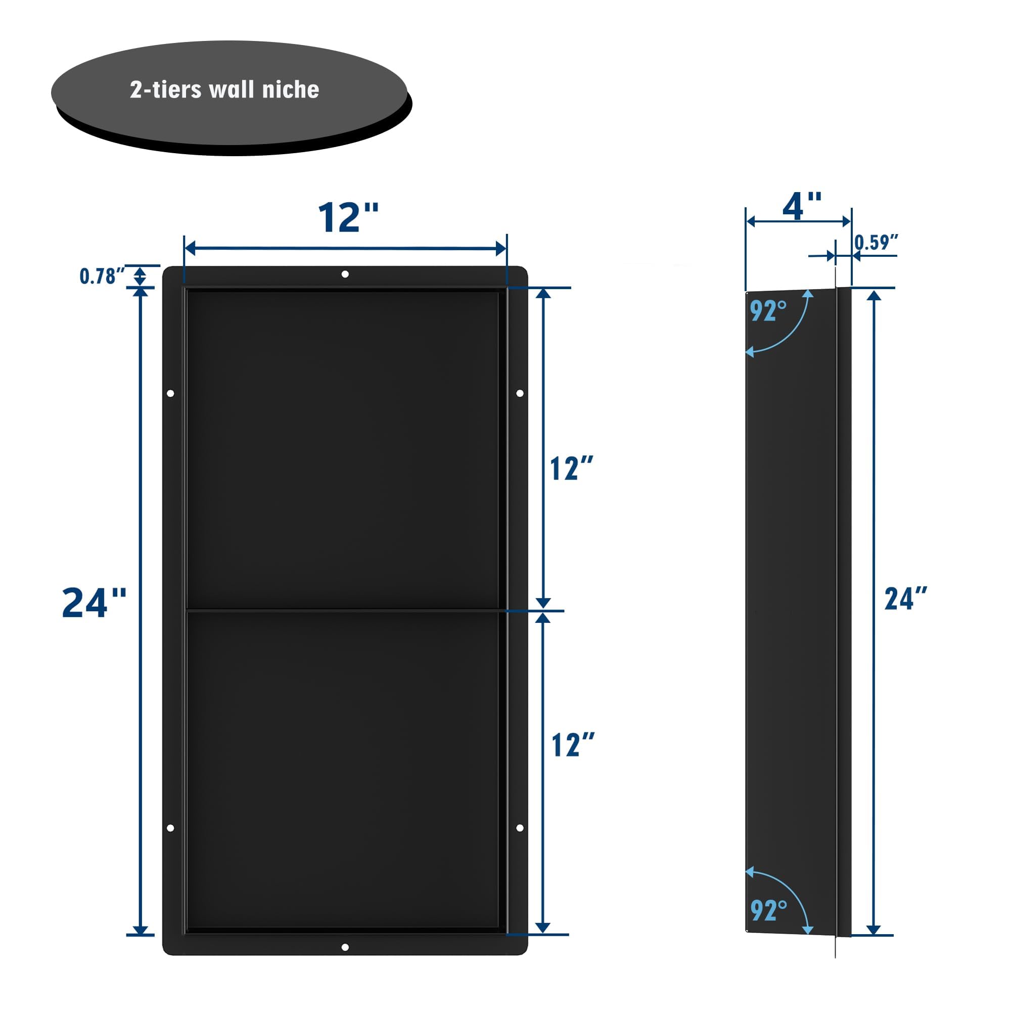 Neodrain 24X12Inch Shower Niche, Black Wall Niche Stainless Steel Wall Niche NO Tile Needed Recessed Niche Shower for Bathroom Storage