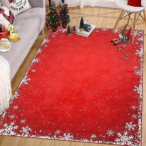 RUGSREAL 5x7 Christmas Area Rug Bedroom Living Room Area Rug Xmas Decorative Area Rug Non-Slip Indoor Throw Rug Washable Area Rug Floor Carpet for Kitchen Nursery, Red 5' x 7'