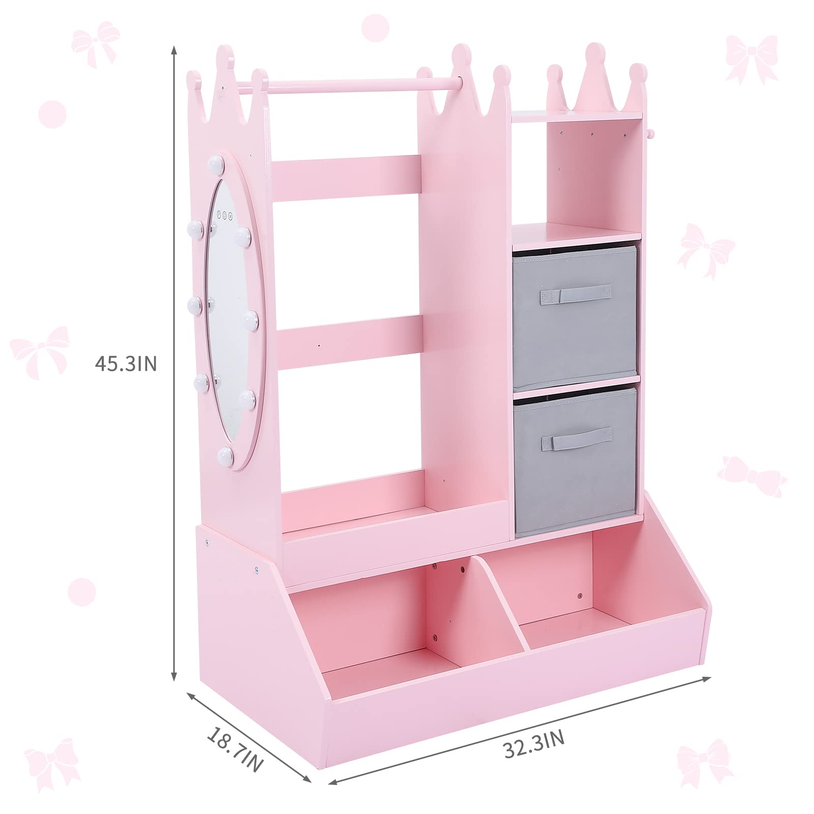 Pink Dress-Up Storage for Girls - Includes Light, Mirror, Clothing Rack with Bin, and Open Hanging Armoire Closet