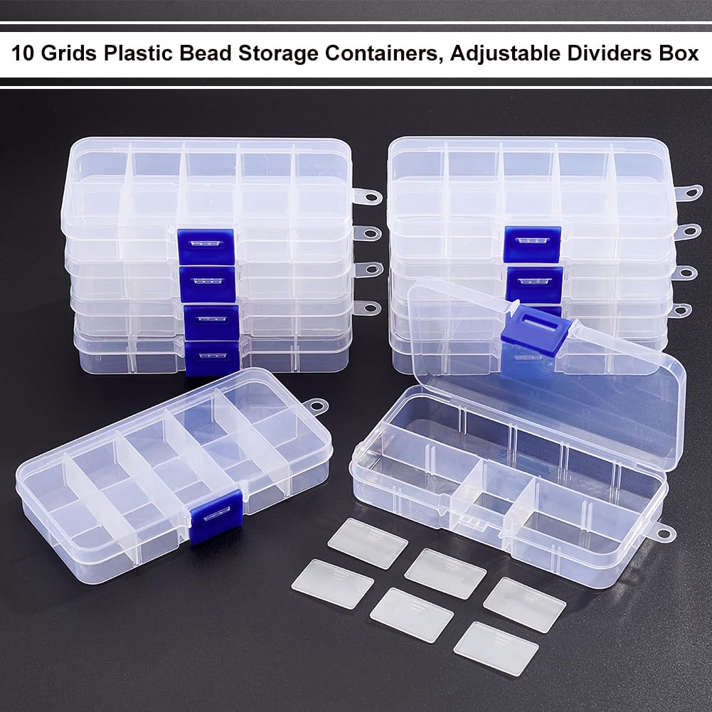 NBEADS 10 Pcs 10 Grids Plastic Organizer Box, Clear Plastic Jewelry Dividers Box Organizer Mini Tackle Boxes Jewelry Storage Container for Beads Small Items Findings Storage, 5.04×2.7×0.87"