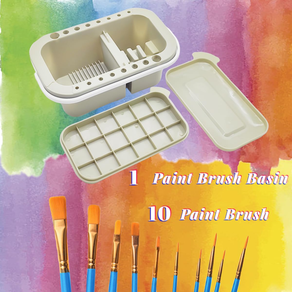 ZLY Paint Brush Cleaner,Paint Brush Basin with 10 PCS Paint Brushes,Paint Brush Holder and Organizers with Palette for Acrylic, for Watercolor and Water Based Paints (Gery)