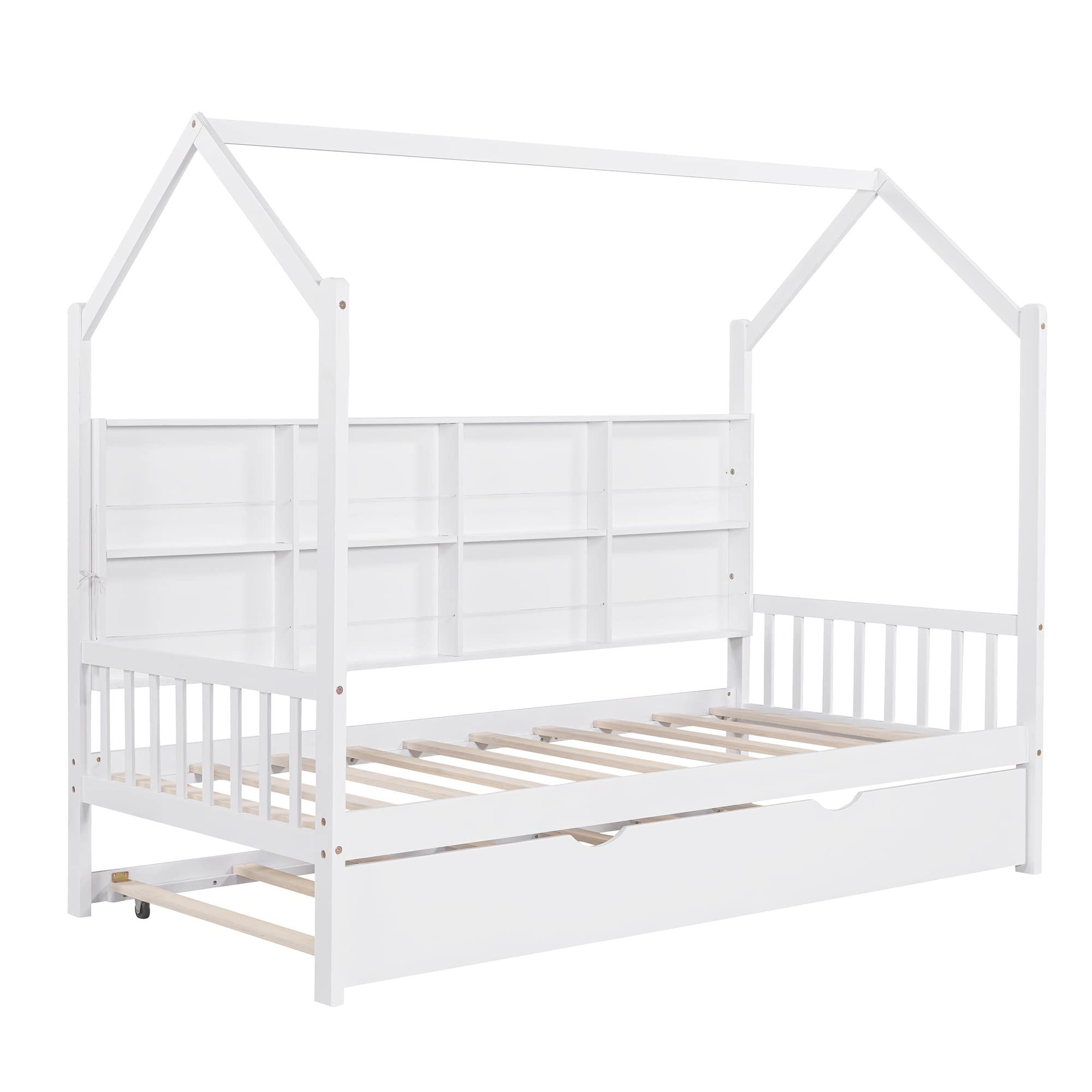 Twin House Bed with Twin Size Trundle,Twin Size Platform Bed Frame with Storage Shelves and Roof,Montessori Bed,Tent Bed,Wood Playhouse Bed Twin for Kids Teens Girls & Boys (Twin, White)