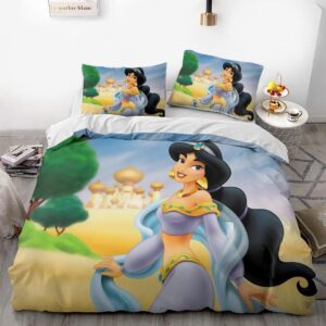 ponnyc magic lamp jasmine princess duvet cover soft 3d printed bedding set with comforter cover 3 piece set includes 2 pillowcases and 1 duvet cover machine washable (11,twin (68"x86"))