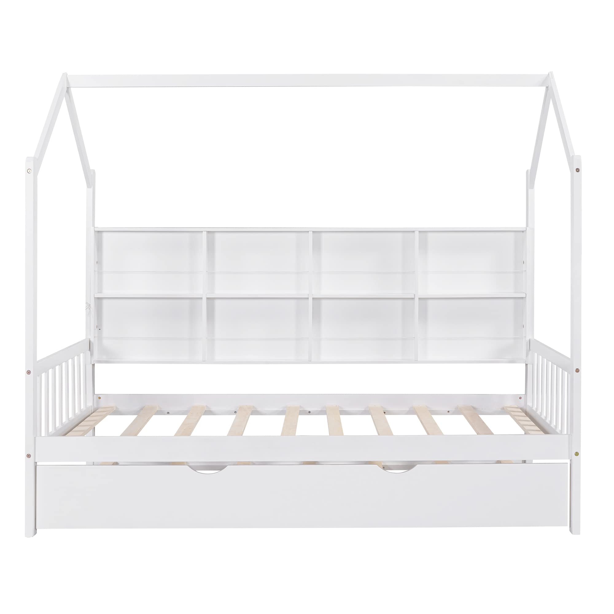 Twin House Bed with Twin Size Trundle,Twin Size Platform Bed Frame with Storage Shelves and Roof,Montessori Bed,Tent Bed,Wood Playhouse Bed Twin for Kids Teens Girls & Boys (Twin, White)