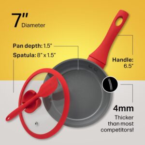 NATIVO Ceramic Nonstick Frypan Skillet, 7 inch Nontoxic Fry Pan with Ergonomic Handle, Spoon Rest Knob, Perfect Seal Lid, Egg frying pan, Omelet Pan with Silicone Spatula (RED)