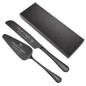 atdesk personalized cake cutting set for wedding, stainless steel cake knife and server set, cake cutter and pie server for wedding, birthday, anniversary, graduation gift (black)