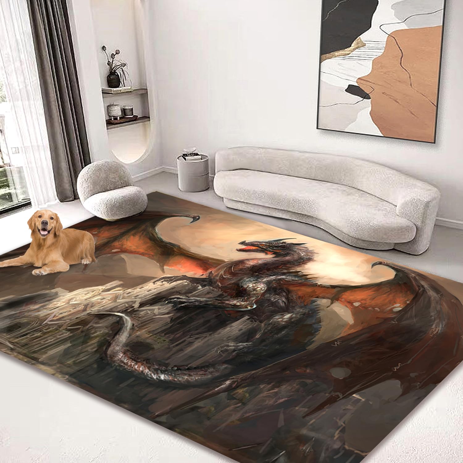 kksme Large Area Rug 5'x6' Carpet for Bedroom Living Room Kids Room Home Decor Rugs Mat Non Slip The Dragon On Castle