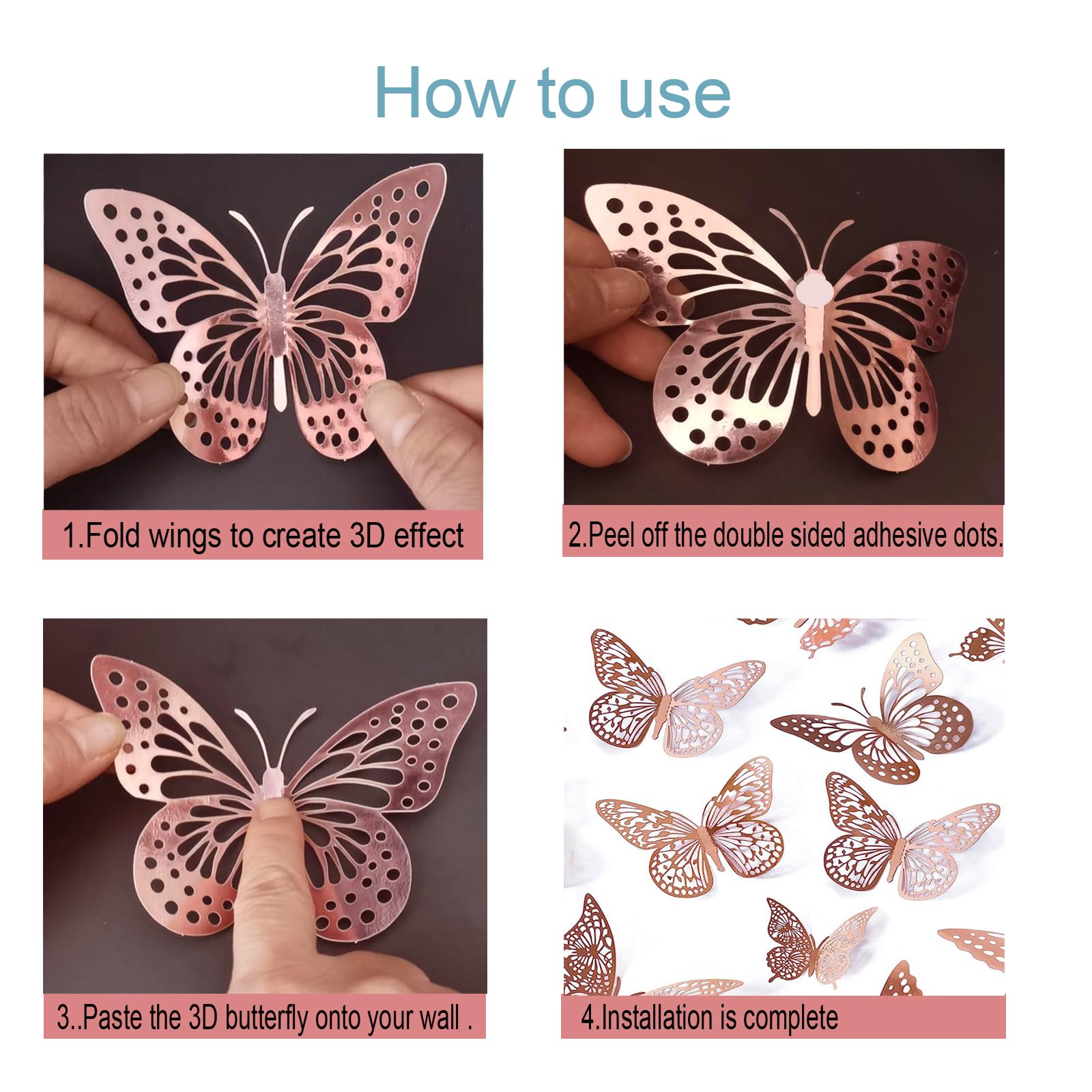 JOSDIOX 3D Butterfly Removable Metallic Wall Sticker 4 Styles 3 Sizes, Mural Decals for Kids Room Bedroom Décor Nursery Classroom Party Decoration Wedding DIY (Rose Gold 48 Pcs)