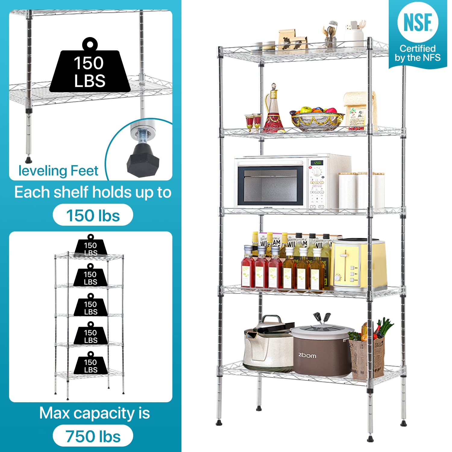 Dlewmsyic 5-Tier Storage Shelving Unit, NSF Shelf Rack Height Adjustable, Steel Organizer Wire Shelves for Small Places Kitchen Garage Pantry (Chrome, 21.5" L x 11.6" W x 47.6" H)