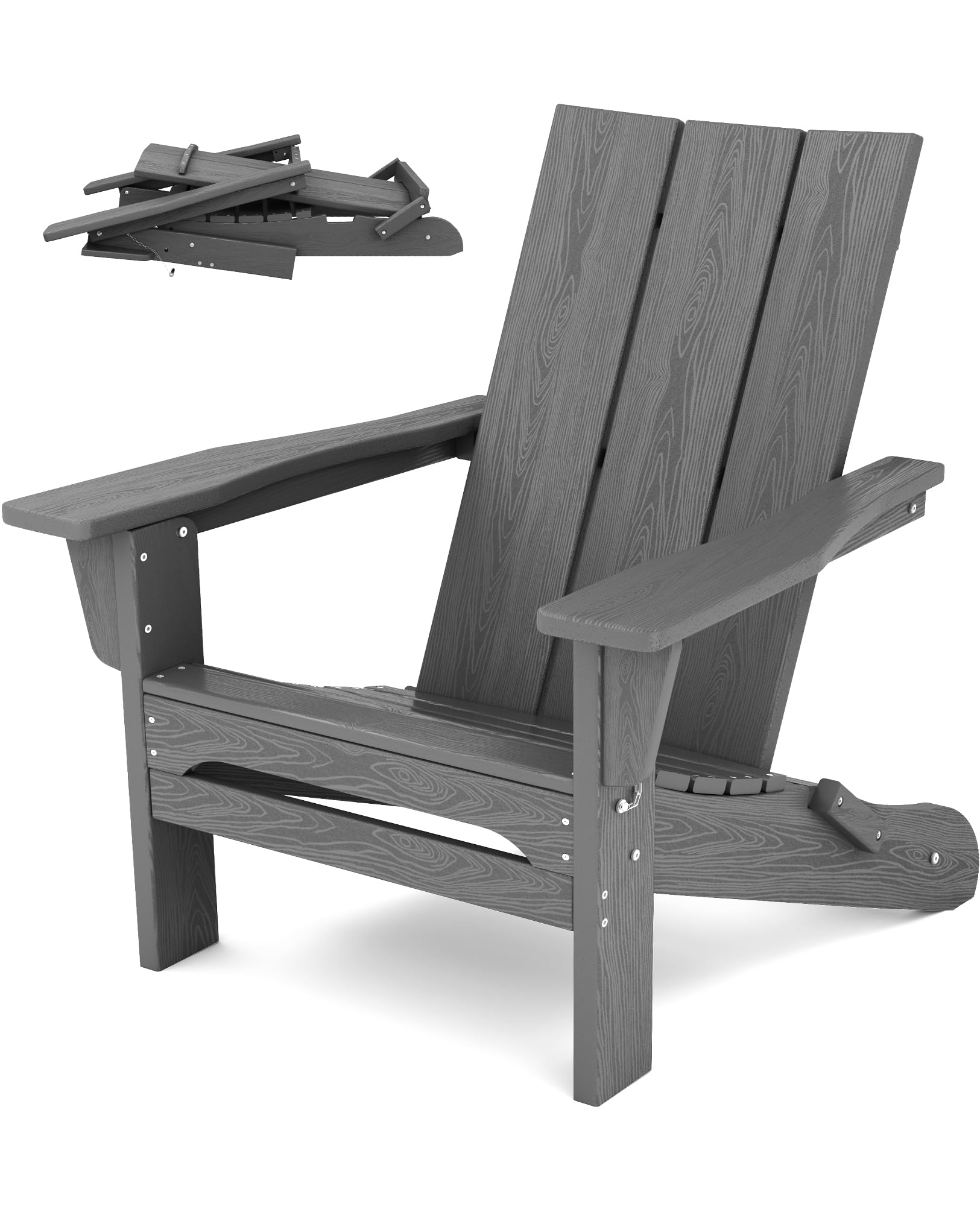 SERWALL Modern Folding Adirondack Chair，Oversized Folding Adirondack Chair with Curved Backrest, HDPE Outdoor Adirondack Chair, Gray