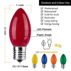 Minetom 25 Pack Multicolor C9 LED Christmas Light Bulbs, Colored Plastic C9 Shatterproof LED Bulbs Replacement for Christmas String Lights, E17 Intermediate Base, Commercial Dimmable Holiday Bulbs