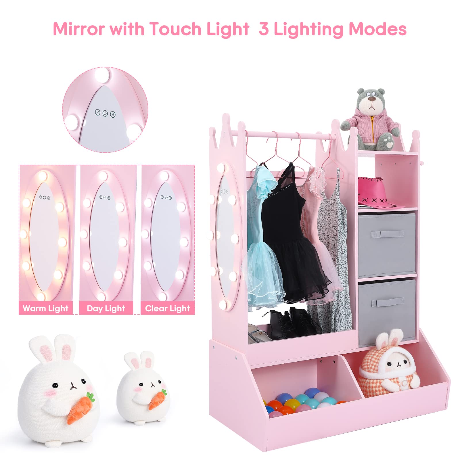 Pink Dress-Up Storage for Girls - Includes Light, Mirror, Clothing Rack with Bin, and Open Hanging Armoire Closet