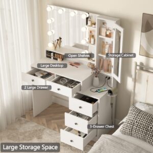 Fameill White Makeup Vanity Desk with Mirror and Lights,Vanity Table with Power Strip and Lighted Mirror,Large Makeup Table with 5 Drawers Lots Storage,3 Lighting Modes,39.4inch(L)